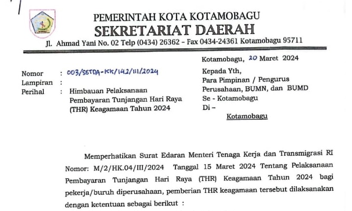 Pemkot Kotamobagu Keluarkan “Surat Sakti” Pembayaran THR - MEDIATOTABUAN